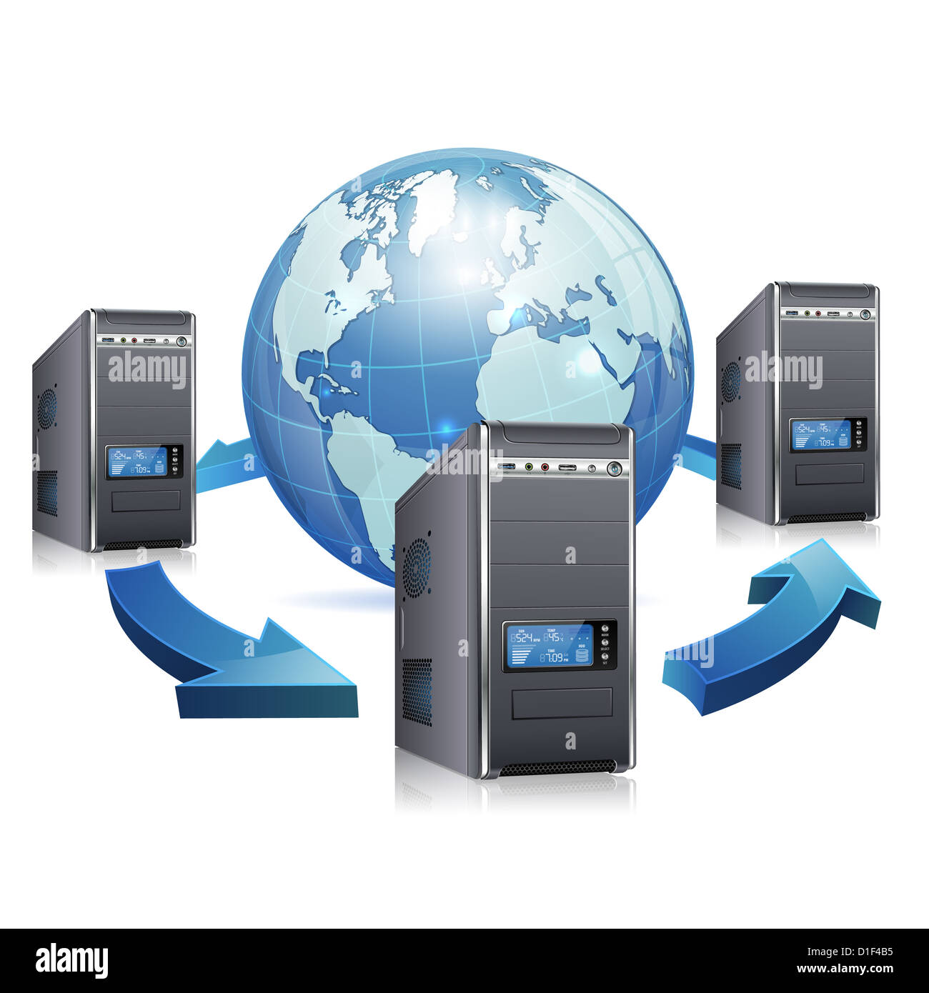 Network Concept - Servers with LCD Display and Earth, isolated on white ...