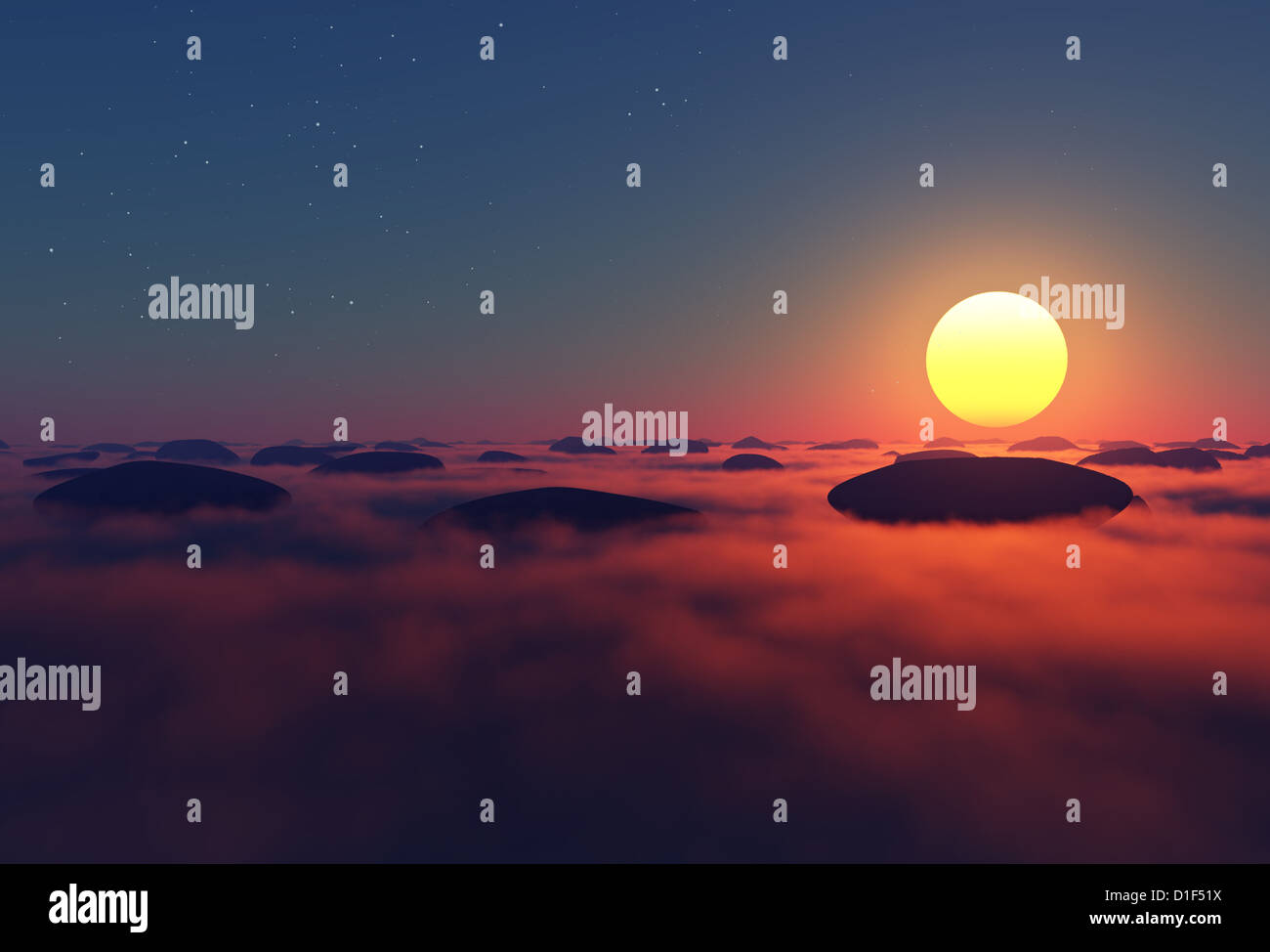 rocks in clouds with sun near horizon on night sky Stock Photo - Alamy