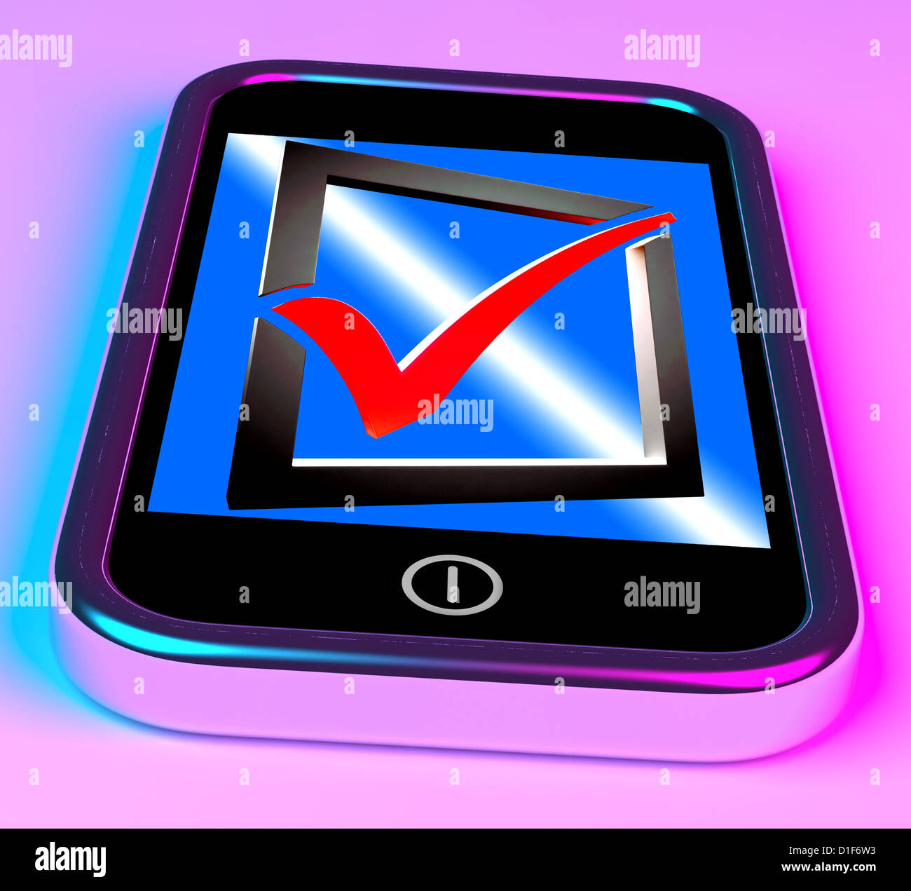 Check Mark On Smartphone Shows Checklist And Satisfaction Stock Photo ...