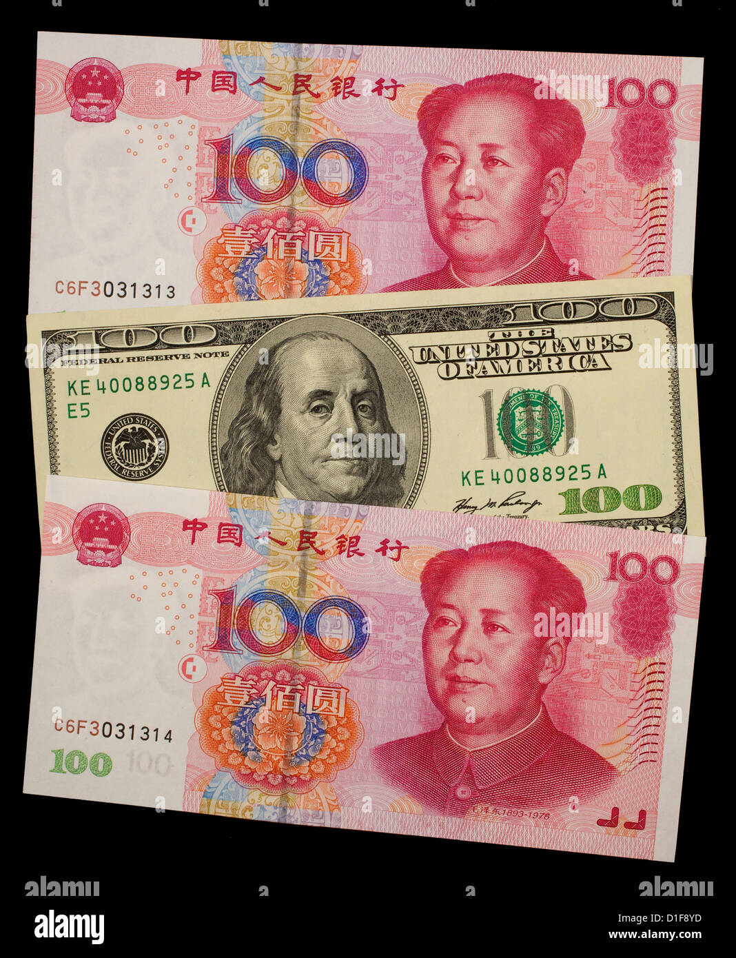100 yuan and 100 dollars banknotes Stock Photo - Alamy