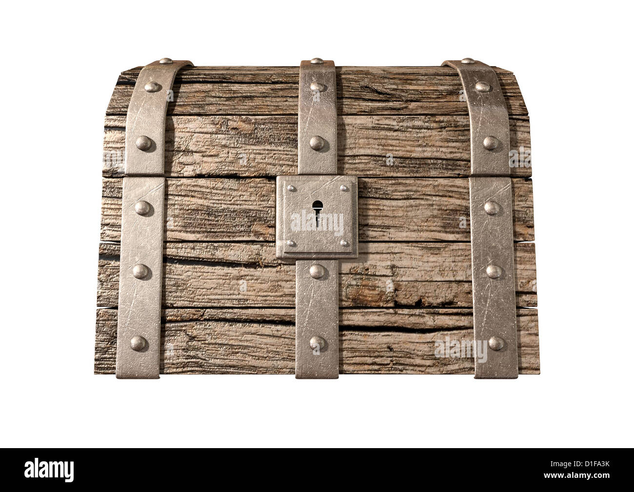 An old classic wood and iron closed treasure chest with a metal lock on ...