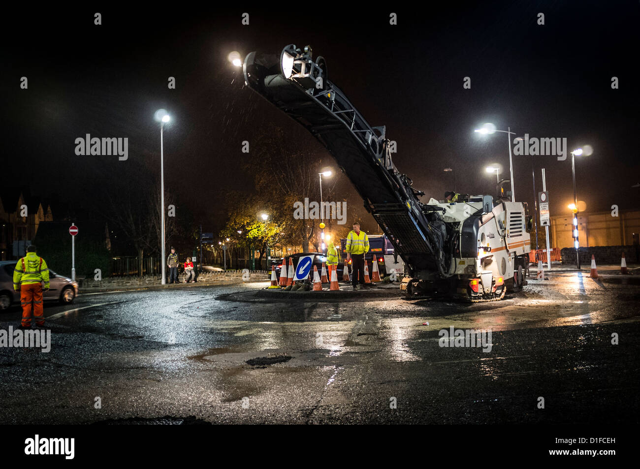 Contractors doing overnight street road resurfacing work, Aberystwyth ...