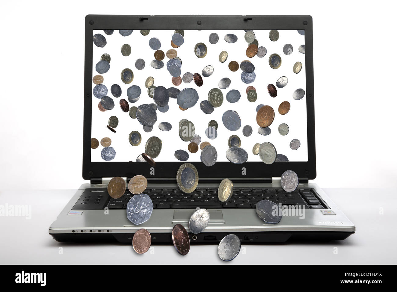 Money pouring out of a computer screen Stock Photo - Alamy