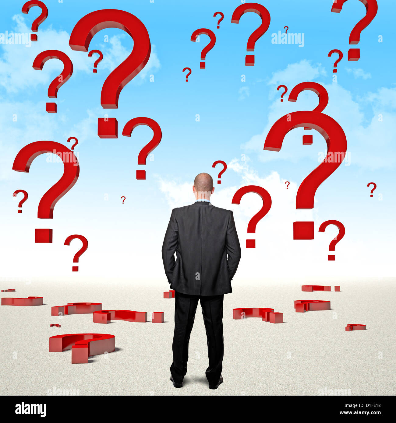 standing businessman and sky with big question mark Stock Photo - Alamy
