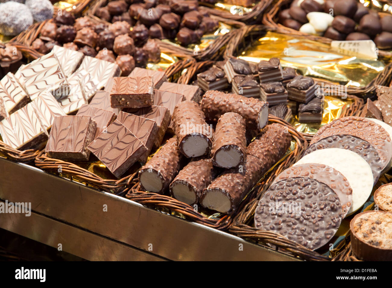 Sweets chocolates displayed in market La Boqueria Barcelona Spain Stock ...