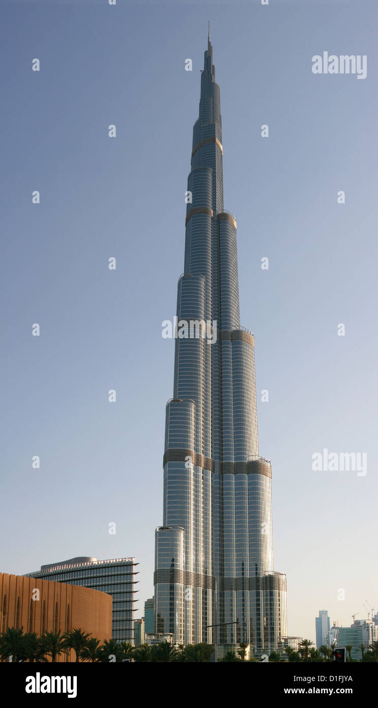 Burj Khalifa in Dubai, the world's tallest building. Vertical panorama ...