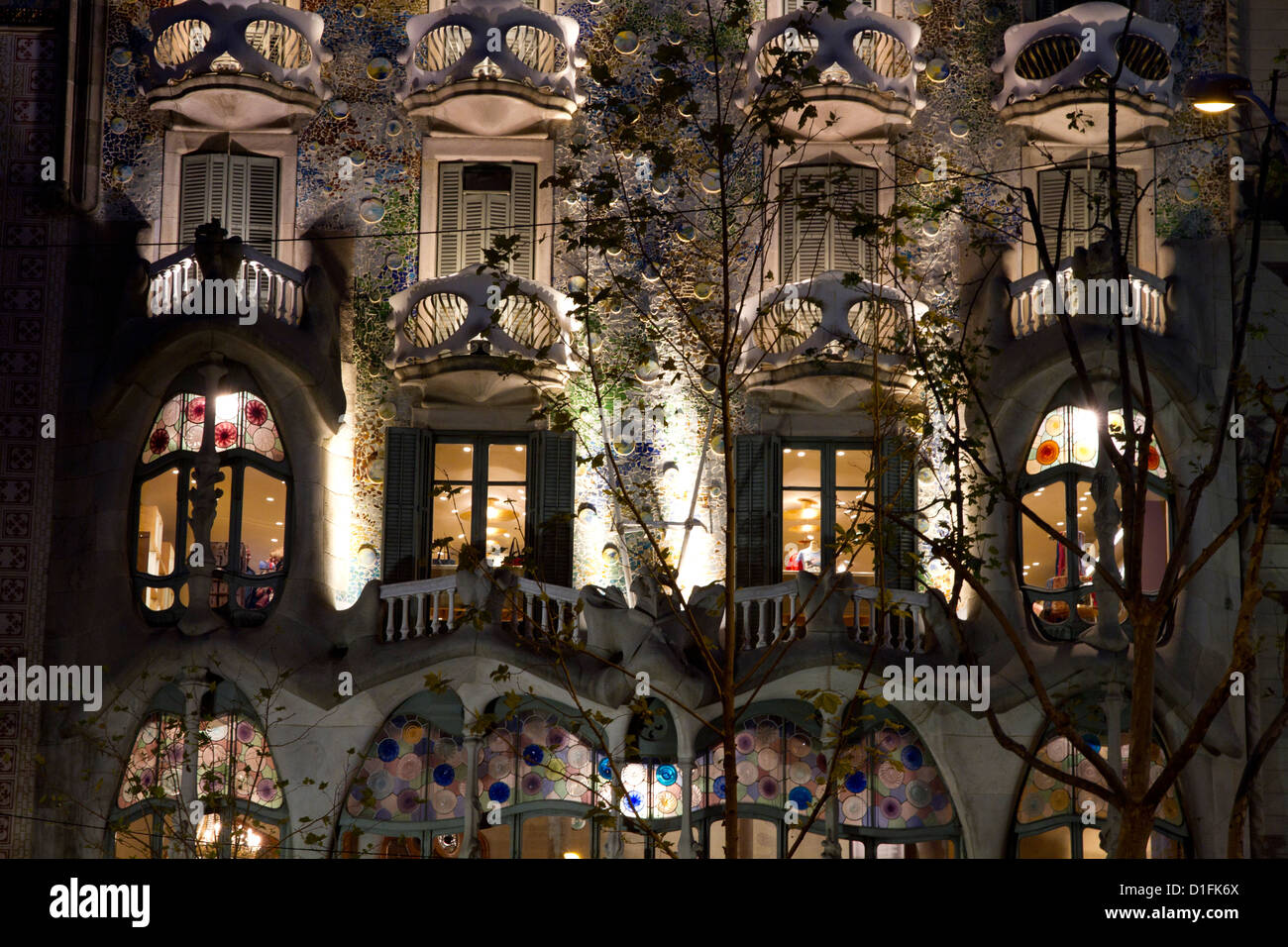 Casa Batllo at night Gaudi' architecture edifice Barcelona Catalonia ...