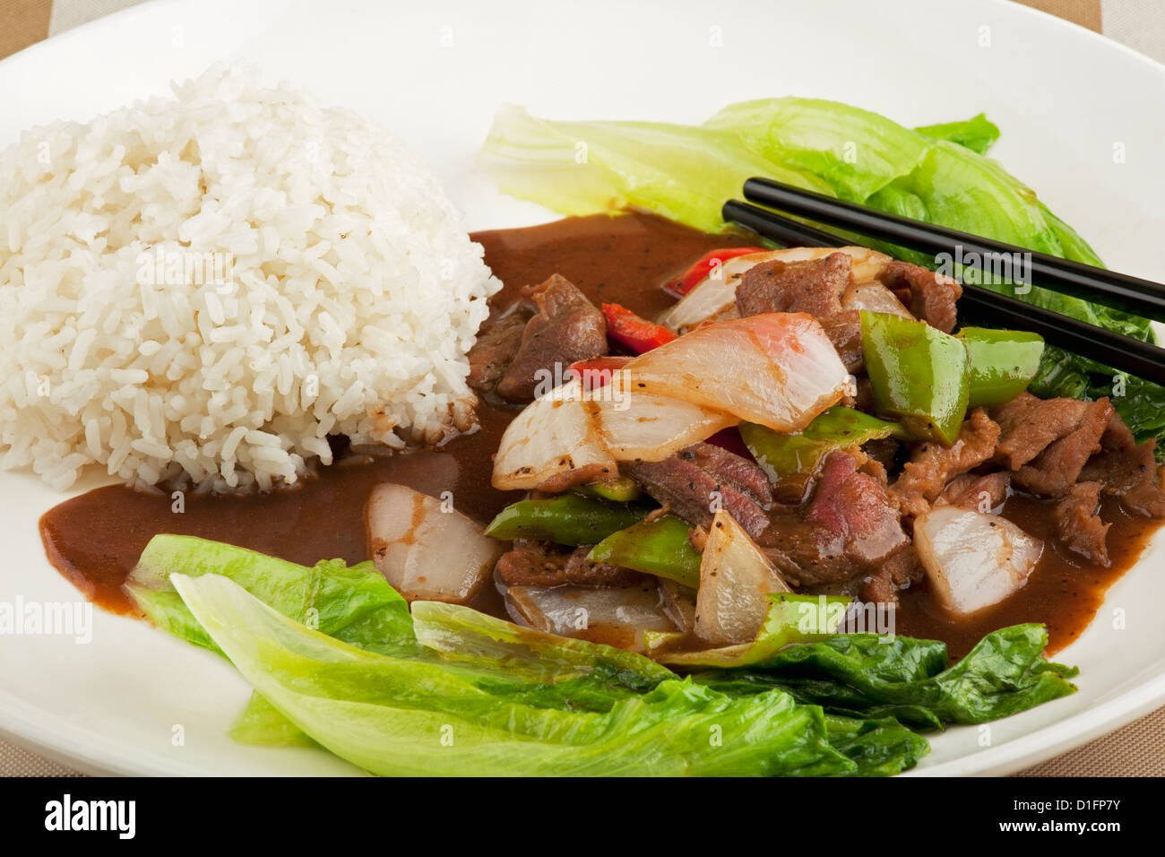 Chinese beef, vegetables and rice Stock Photo - Alamy