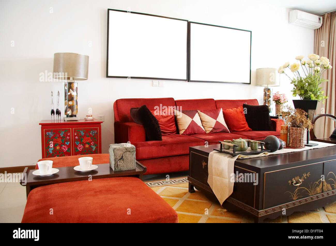 Living room with red sofa,Chinese style Stock Photo - Alamy