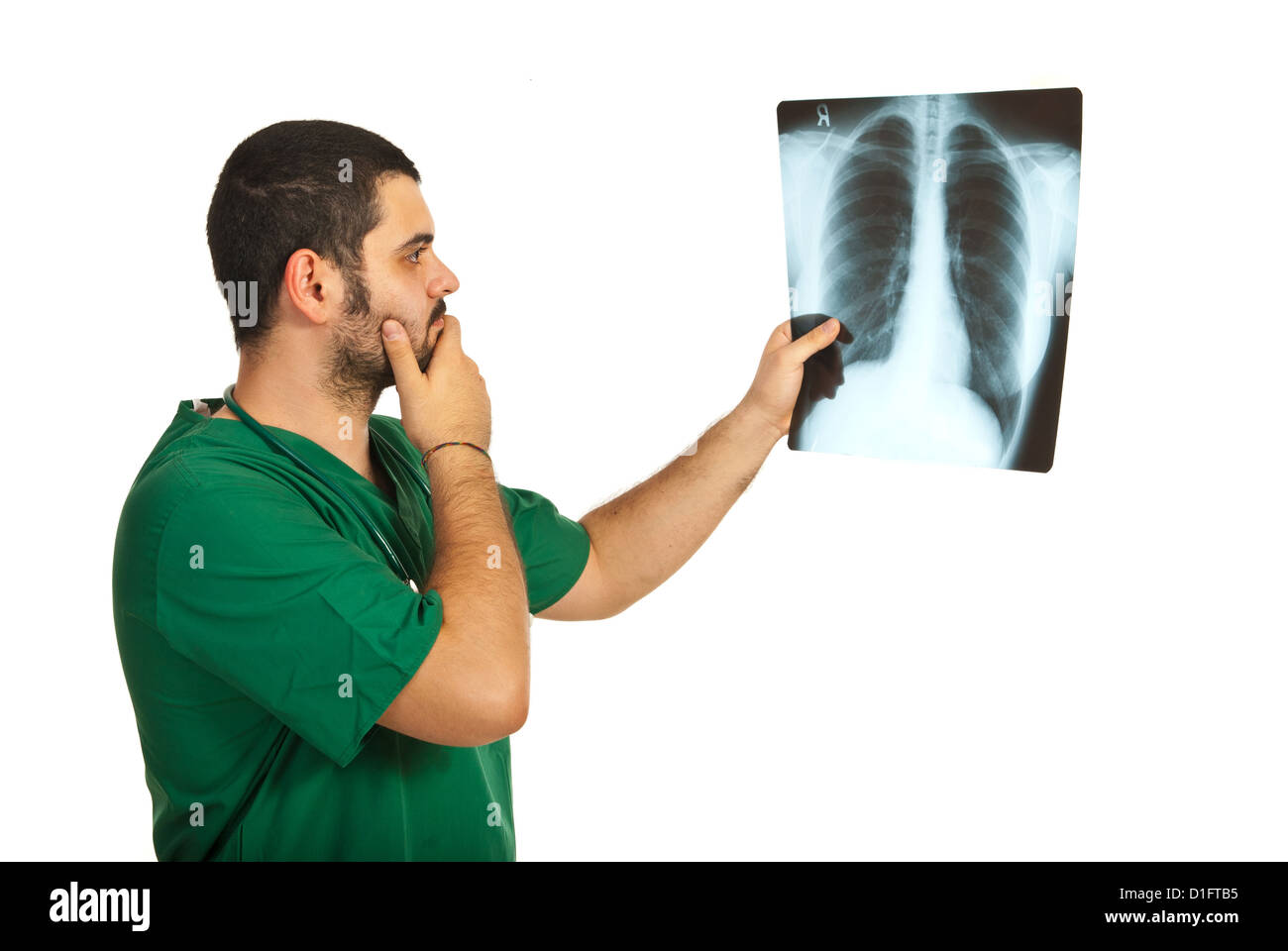 Worried radiologist man examine Xray isolated on white background Stock ...