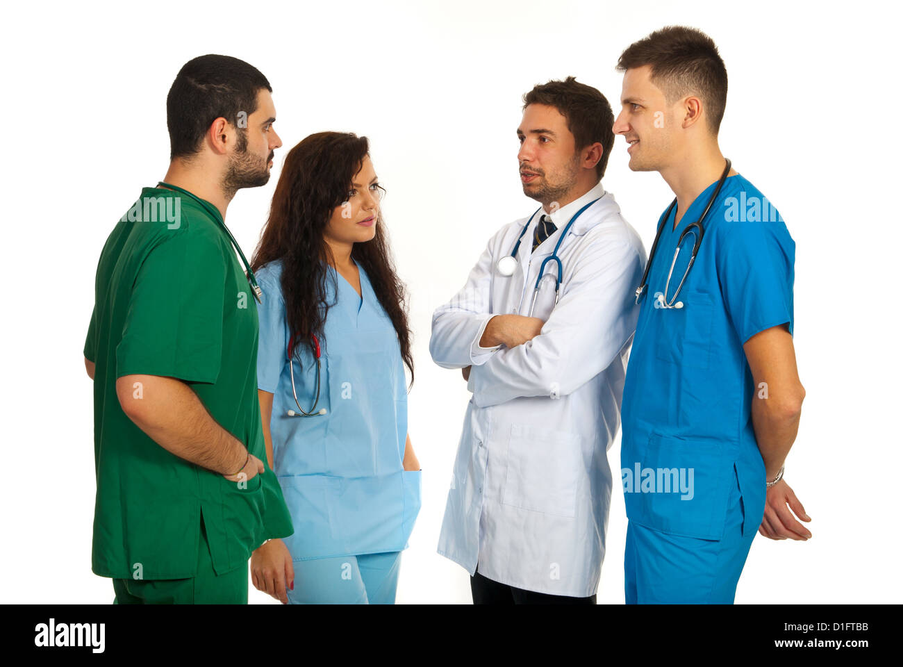 Four doctors having discussion isolated on white background Stock Photo ...