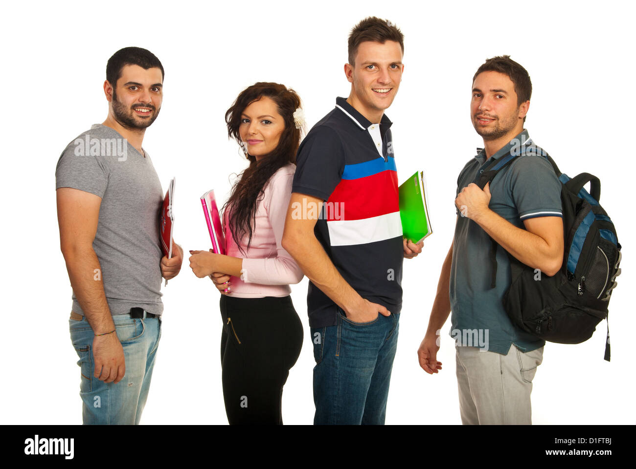 Happy students group holding notebooks isolated on white background ...