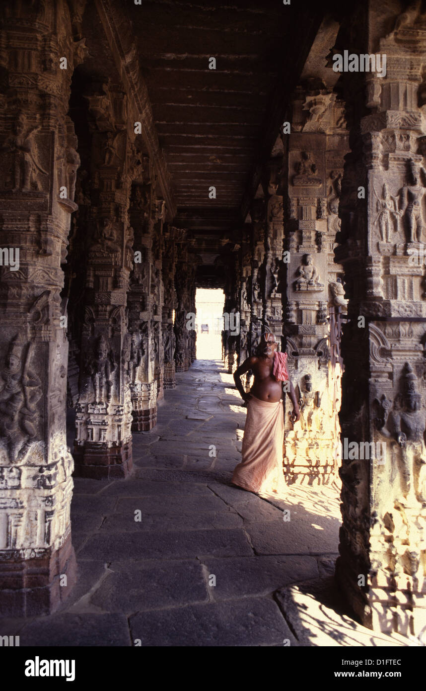 A Pujari or Hindu priest with Tilaka marking on his forehead stands at ...