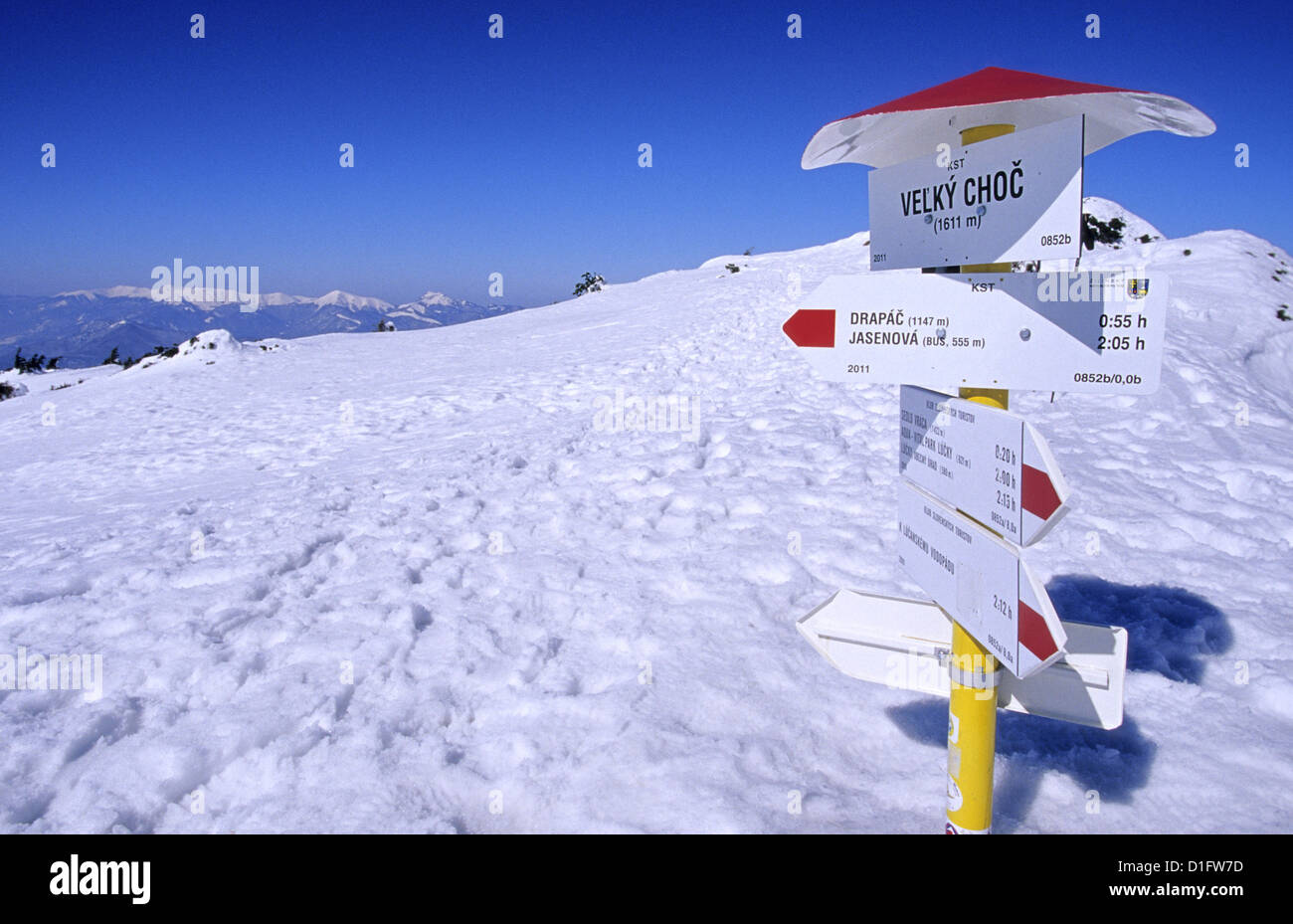 Tourist signpost on the summit of Velky Choc in Chocske vrchy, Slovakia ...
