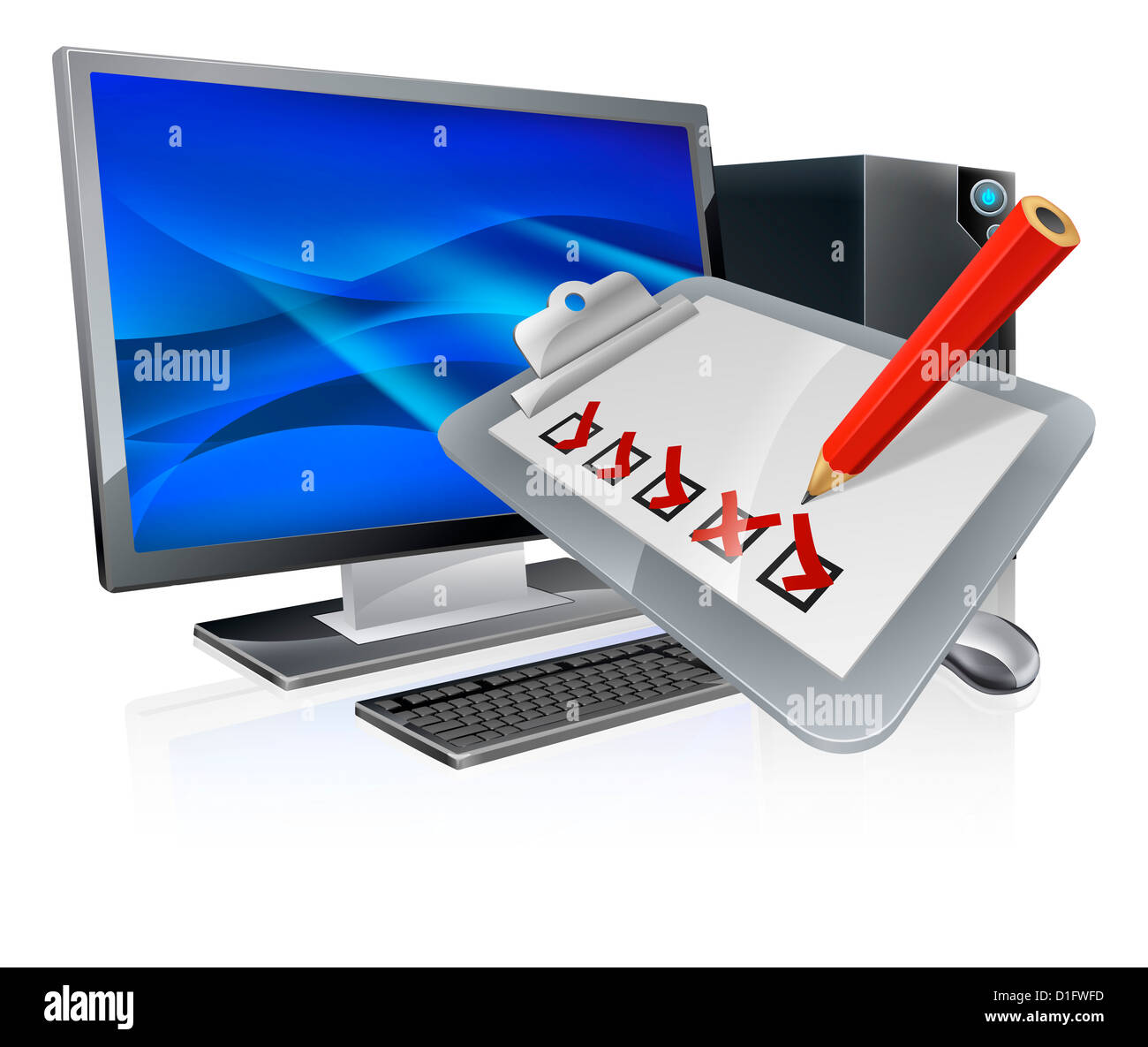 Desktop computer with survey clip board flying out of screen. Online ...
