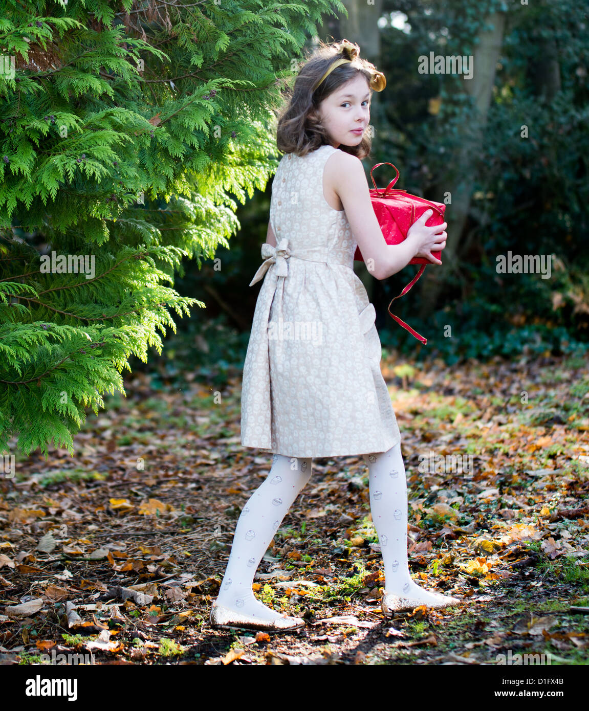 9 Years Old Girl Dressed For Occasion With A Present Under A Tree