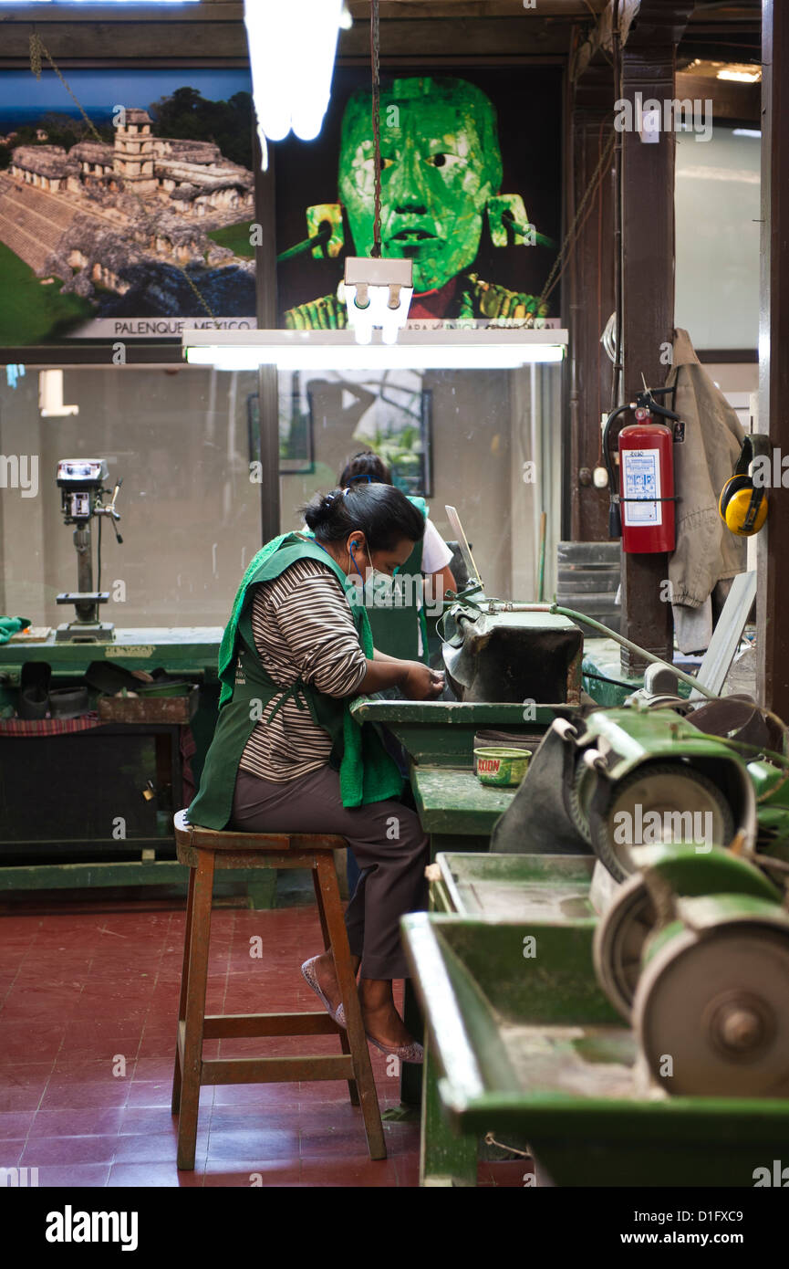 Workers polishing jade at the Casa del Jade (Jade House) Factory and ...