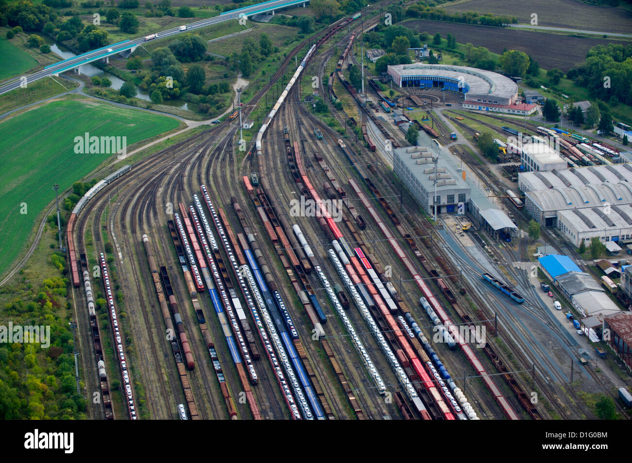 Cargo trains with new Skoda cars at railway station in Nymburk 50 kms ...