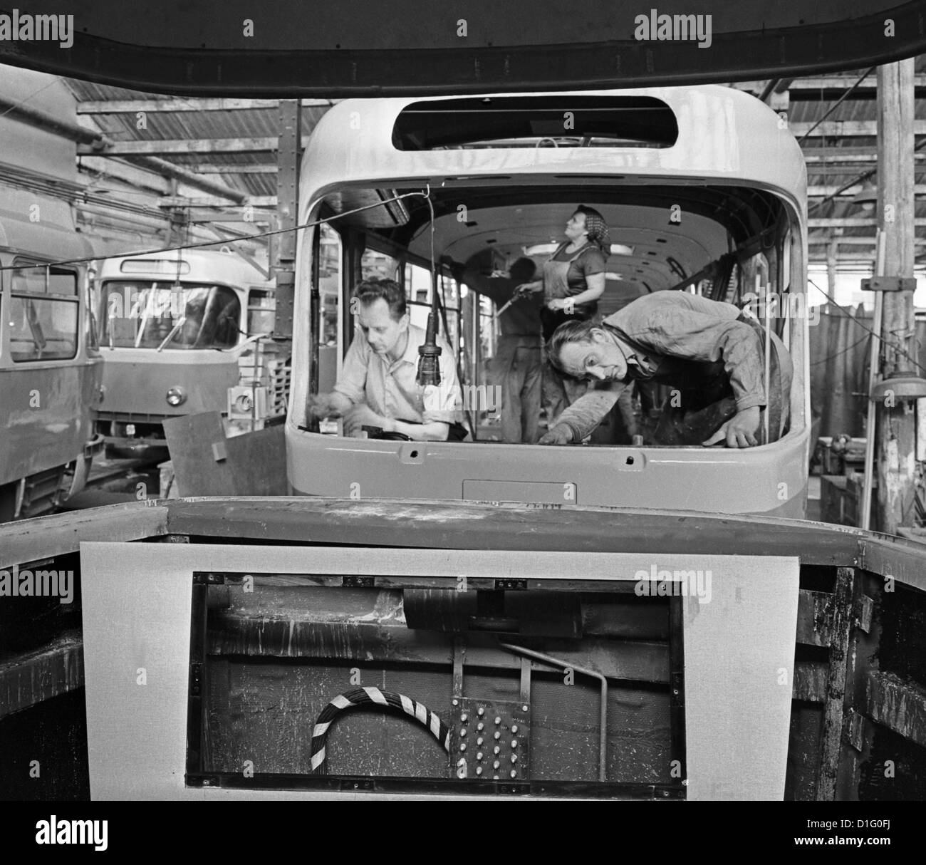 Tatra Smichov streetcar factory workers on assembly line brand new T3 ...