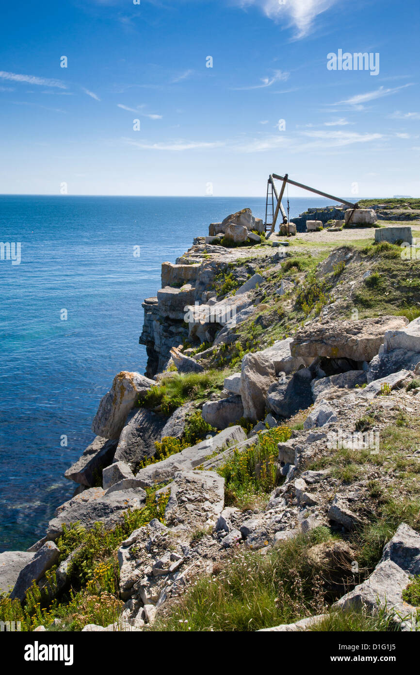 Boat crane perched high on the west coast cliffs of Portland Bill ...