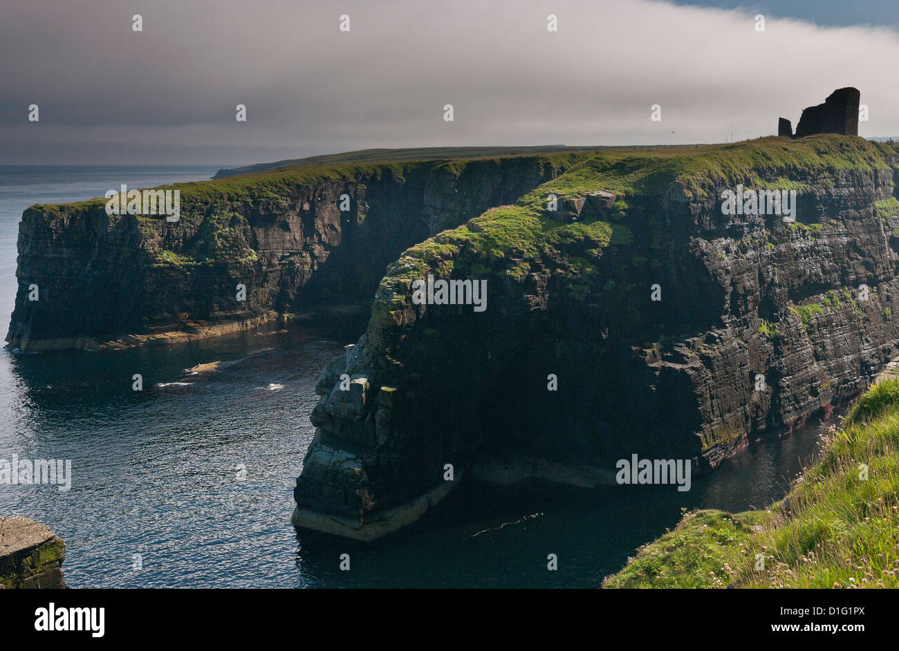 Cliffs near Wick, Caithness, with Castle of Old Wick in background ...