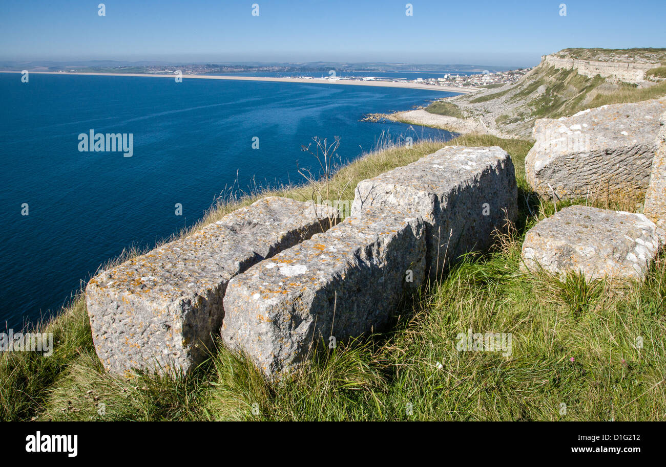 Large monoliths of Portland Stone at the edge of Tout Quarry on ...