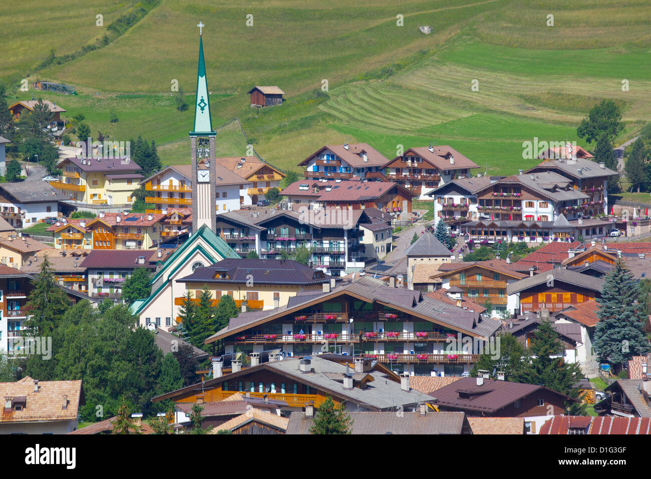 View over town, Pozza di Fassa, Fassa Valley, Trento Province, Trentino ...