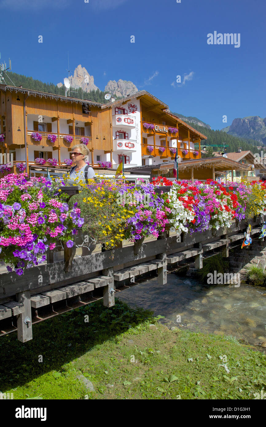 Bridge and flowers, Pozza di Fassa, Fassa Valley, Trento Province ...