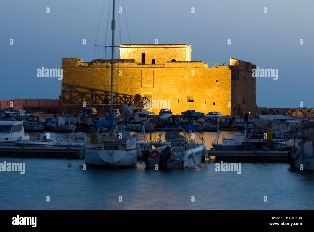 The harbour and Paphos Fort at night, Paphos, Cyprus, Mediterranean ...