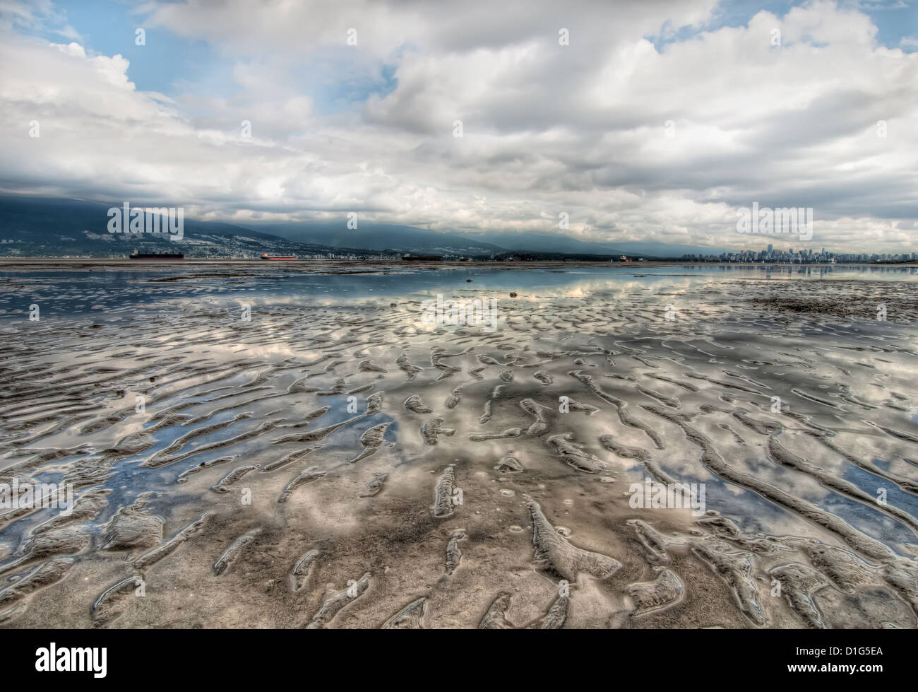 Vast Ripple Beach Landscape With Cloud Reflection and Vancouver skyline ...