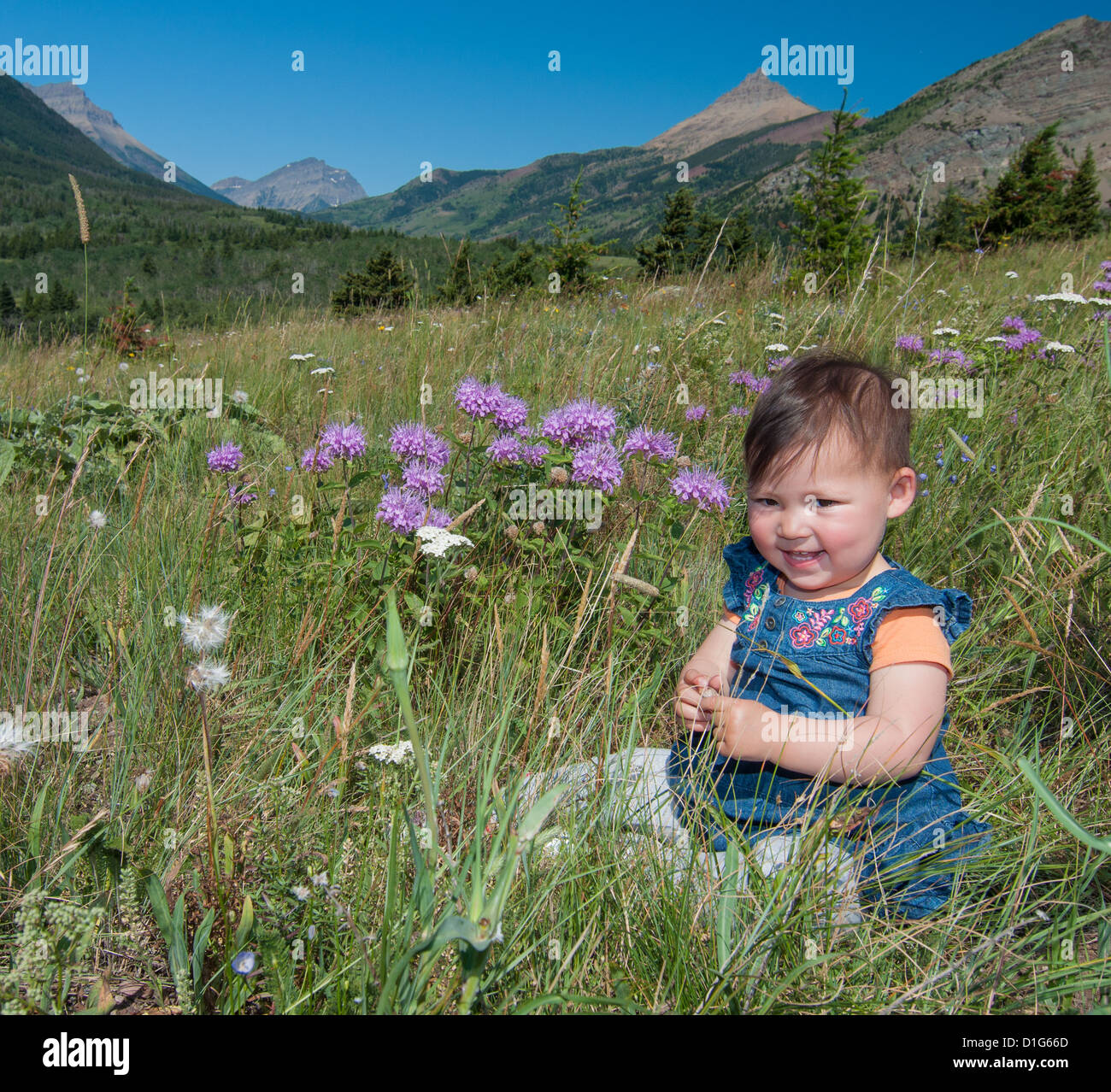One year old baby sitting in the grass with flower around and mountains ...