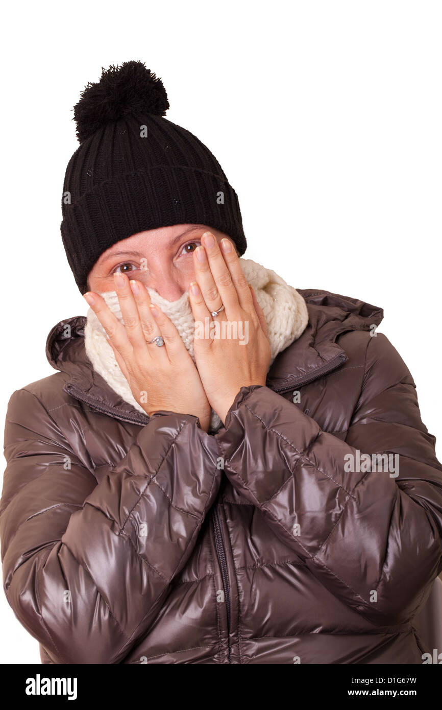 Portrait of a woman having cold on white background Stock Photo - Alamy