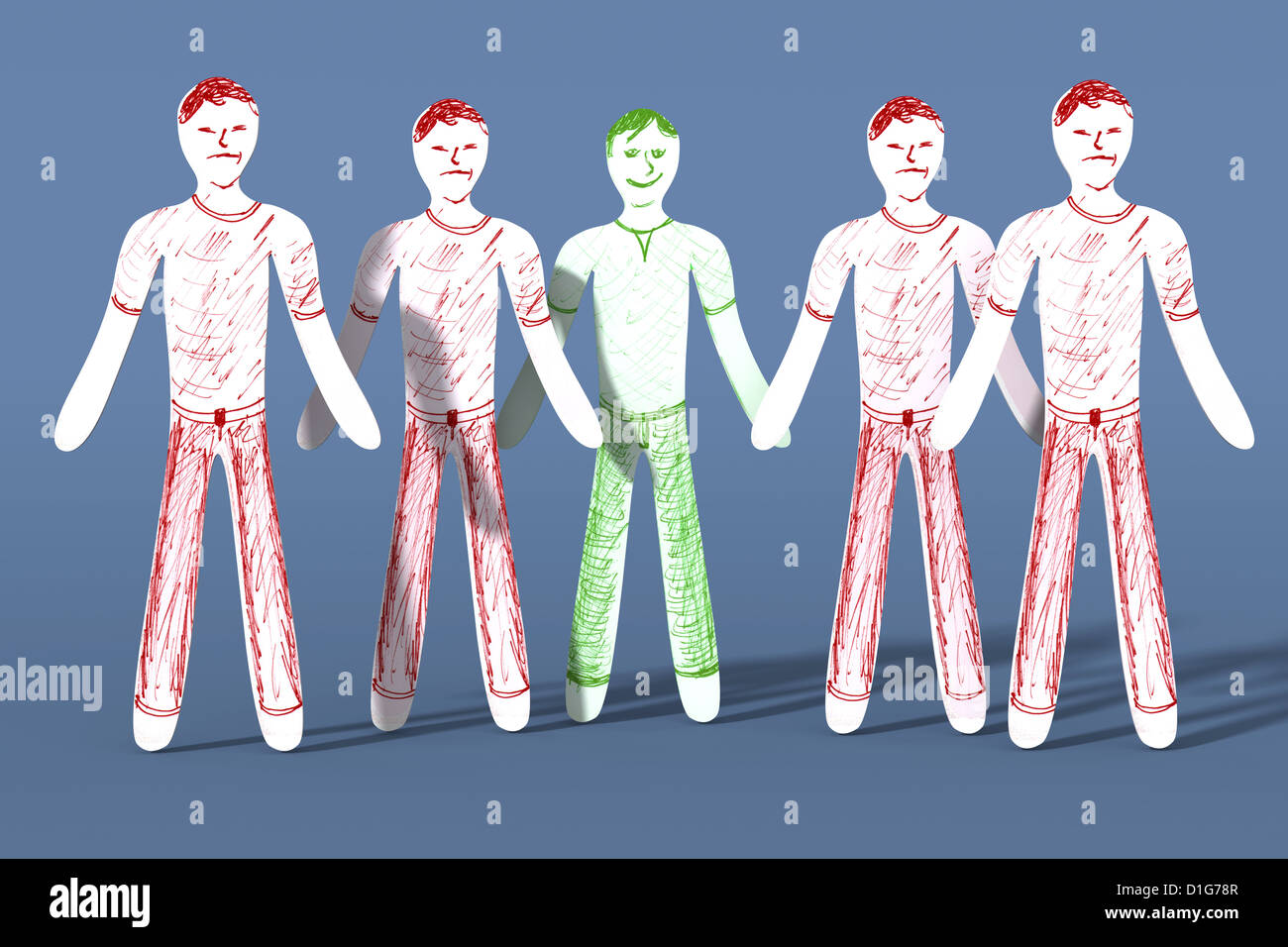 One is happy while the rest is sad. 3D rendered illustration Stock ...