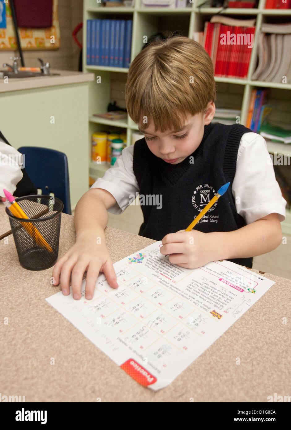 Second grade elementary school Anglo boy wearing uniform complete ...