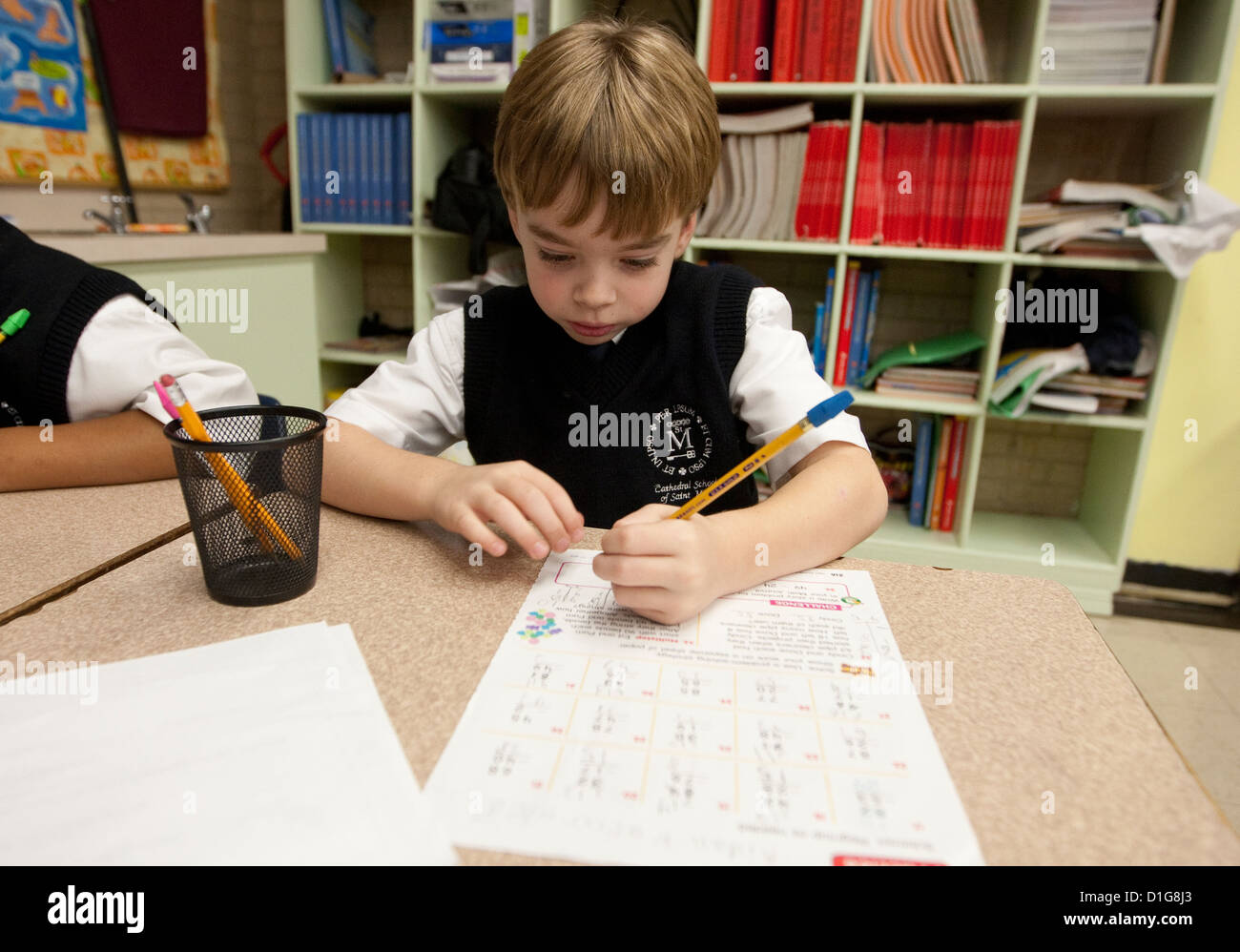 Second grade elementary school Anglo boy wearing uniform complete ...
