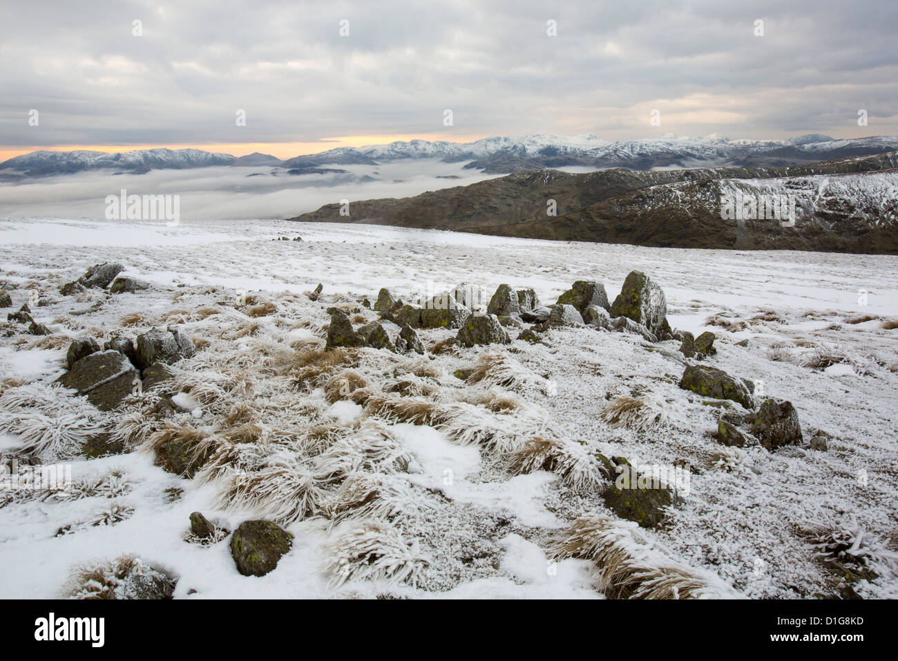 Red Screes above Ambleside with mist from a temperature inversion, Lake ...