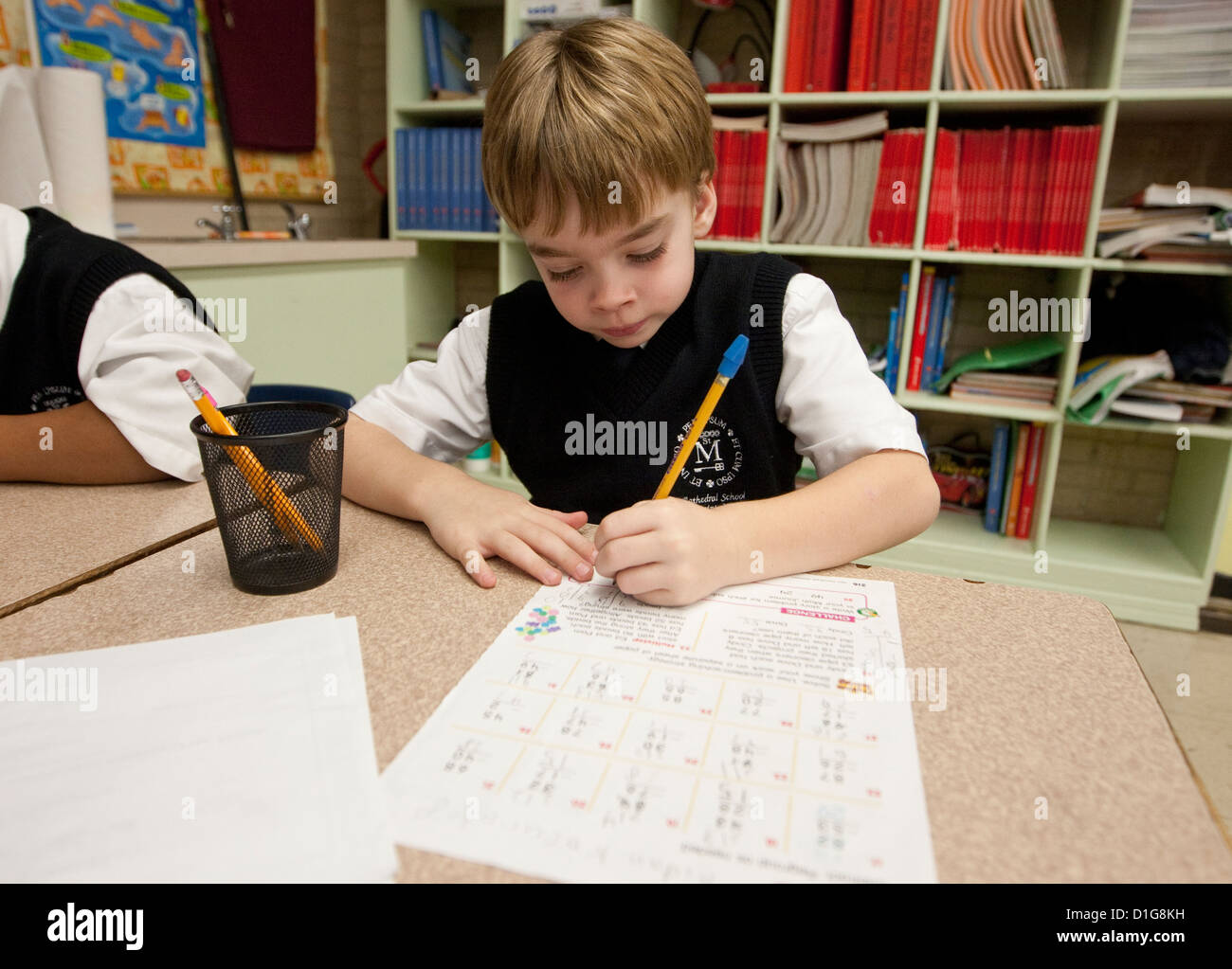 Second grade elementary school Anglo boy wearing uniform complete ...