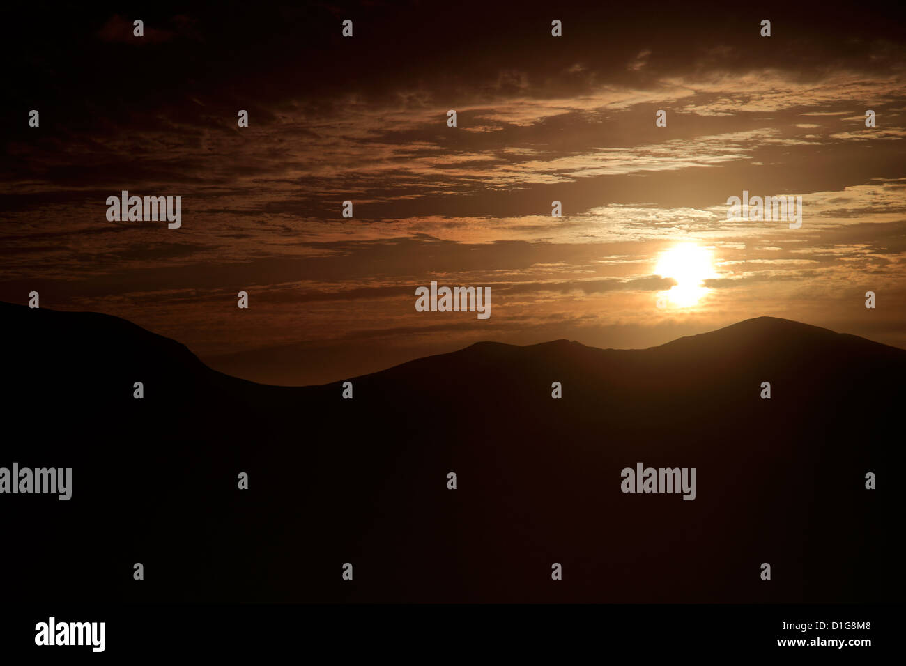 Sunset, Altocumulus Stratiformis Clouds, over mountains, Lake District ...