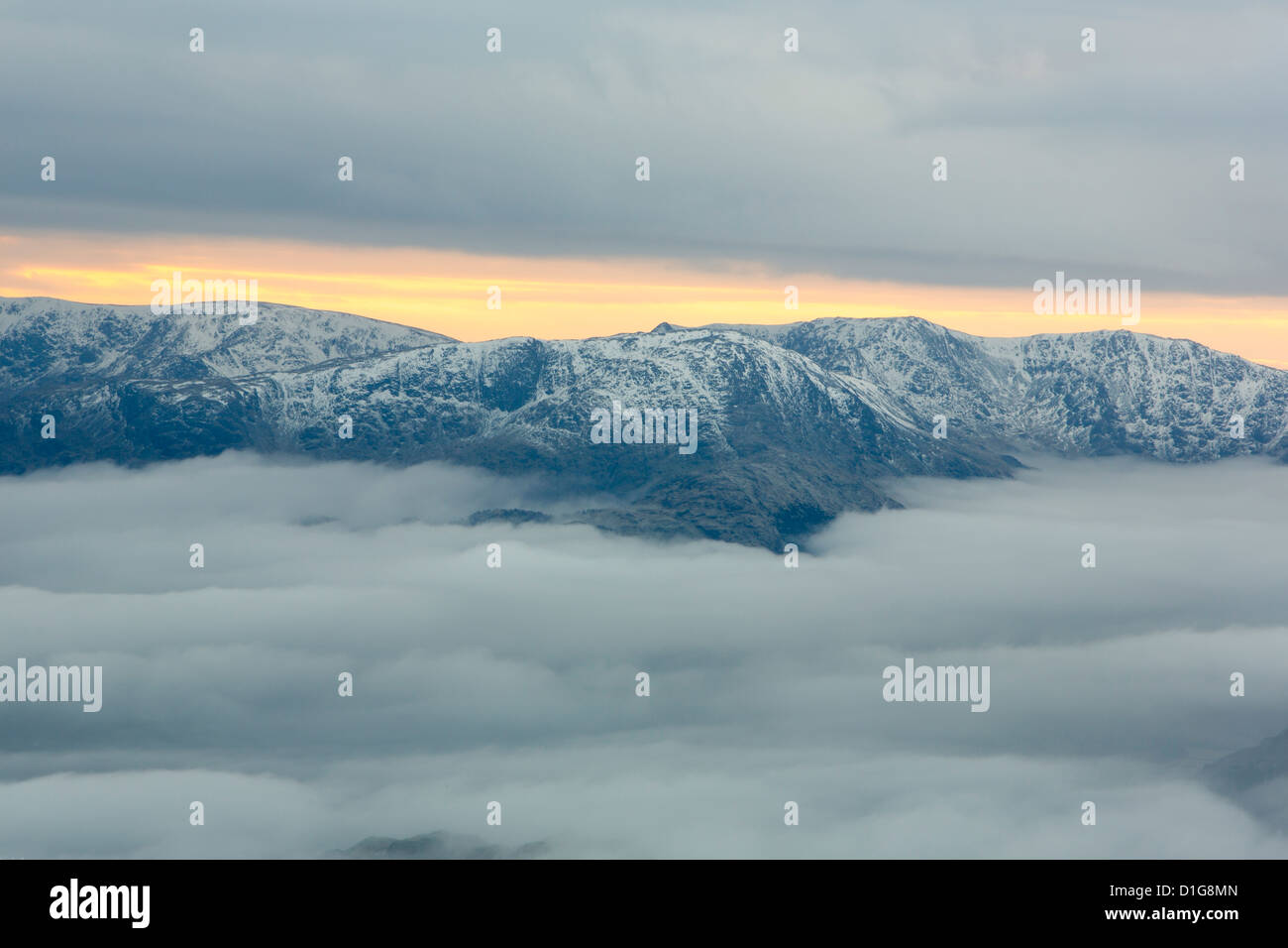 Red Screes above Ambleside with mist from a temperature inversion, Lake ...