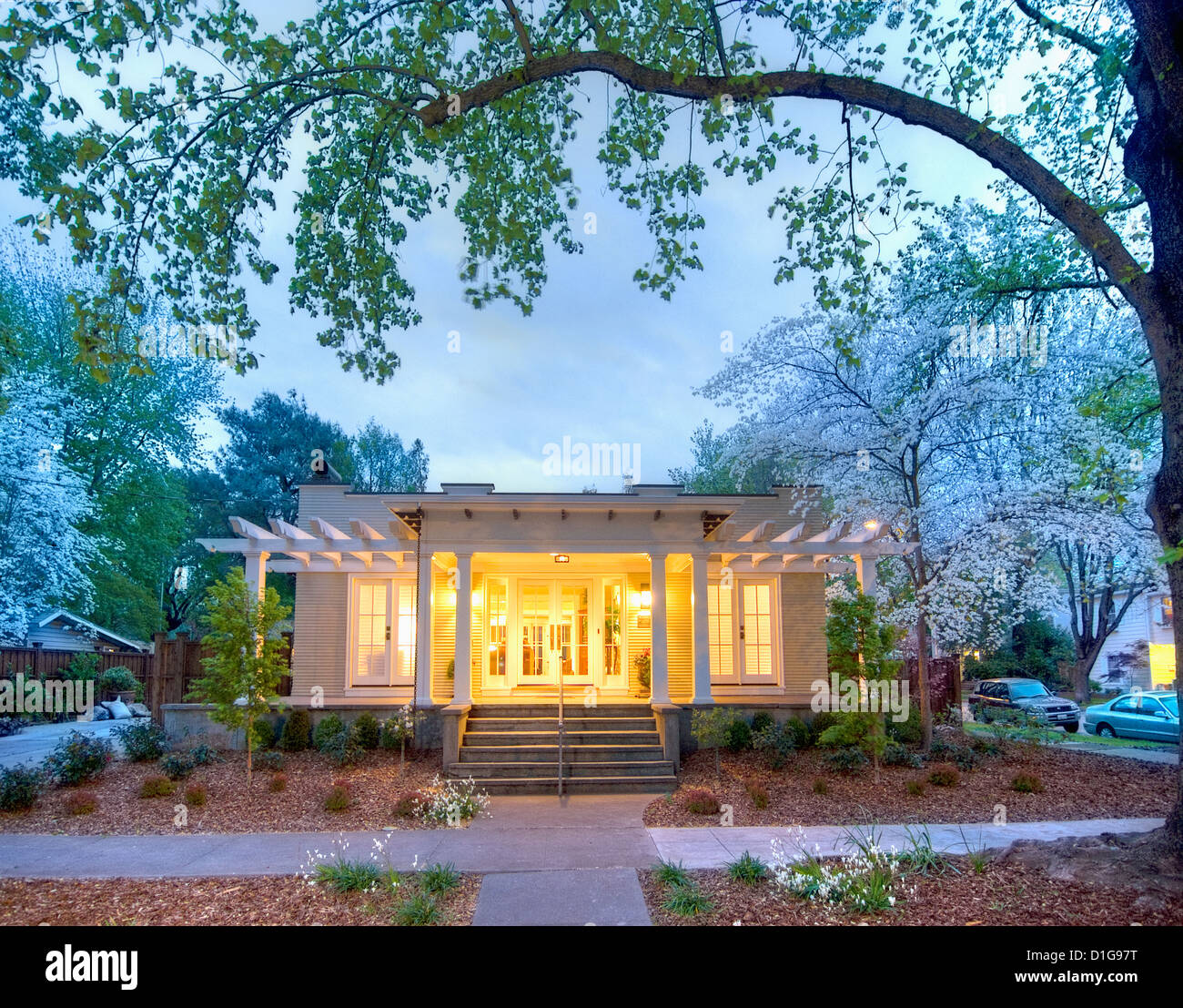 Front exterior California Bungalow and landscaping; Chico; California ...