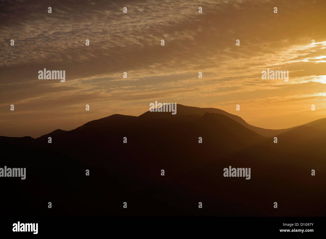 Sunset, Altocumulus Stratiformis Clouds, over mountains, Lake District ...