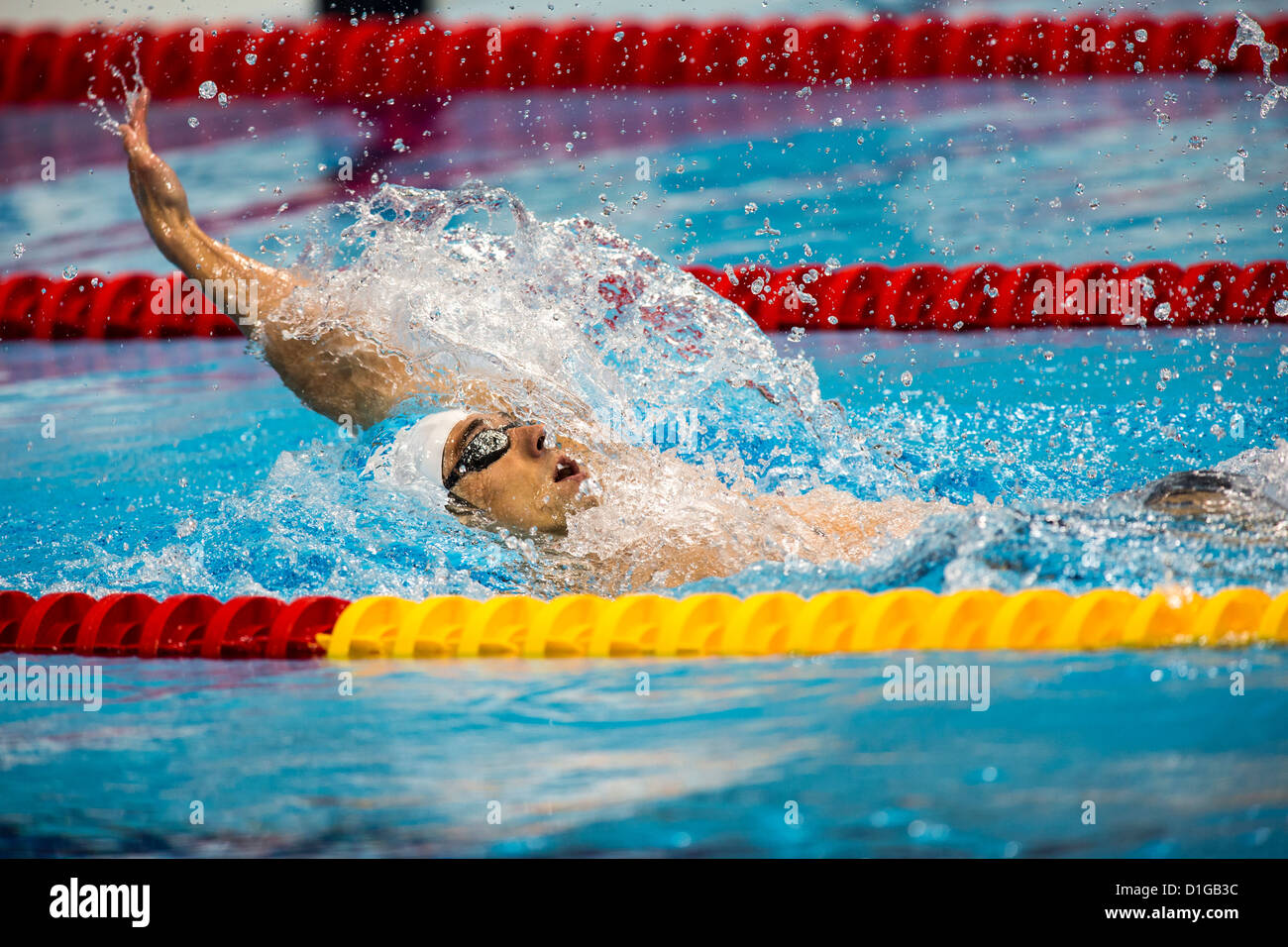 Michael Phelps (USA) competing in the backstroke leg of the Men's 400m ...