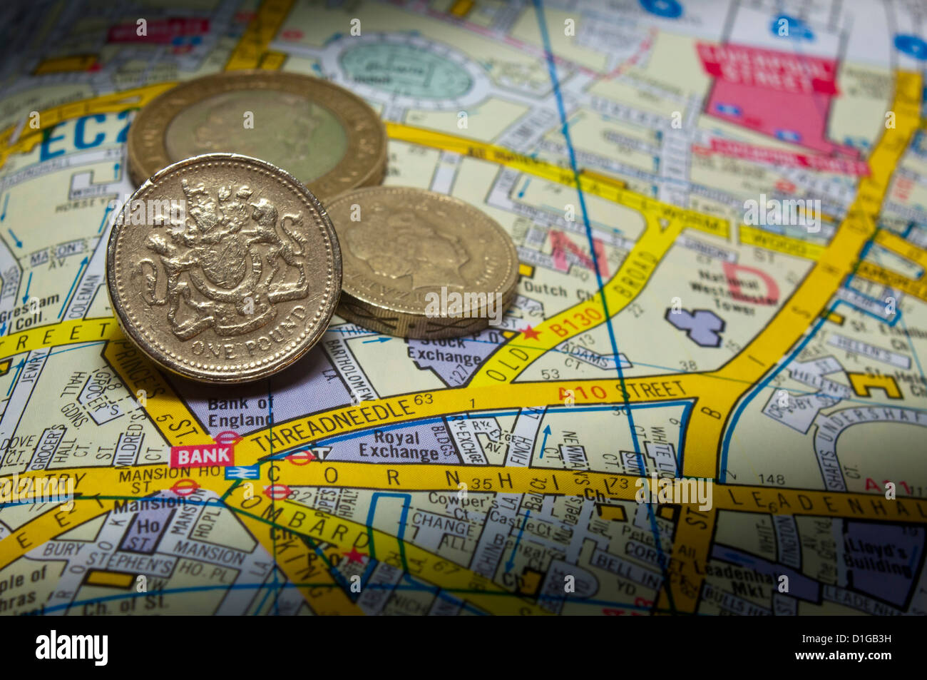 English pound coin on map Stock Photo - Alamy