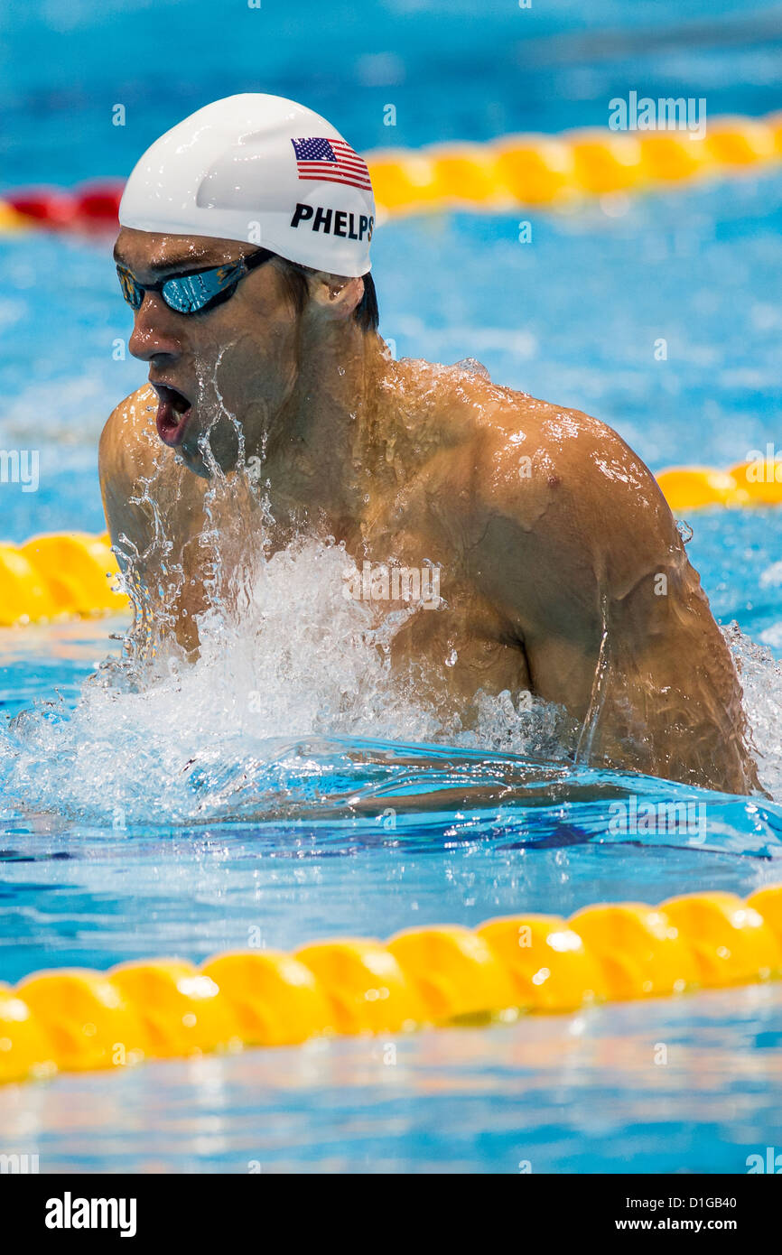 Michael Phelps (USA) competing in the breaststroke leg of the Men's ...