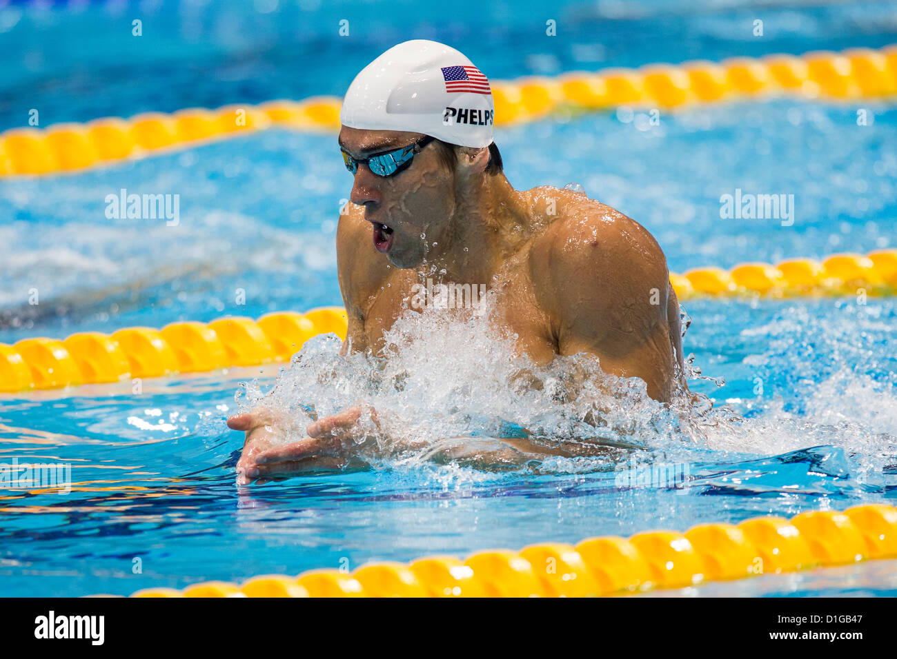 Michael Phelps (USA) competing in the breaststroke leg of the Men's ...