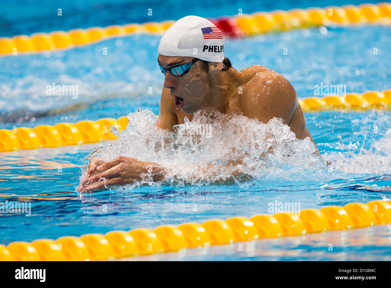 Michael Phelps (USA) competing in the breaststroke leg of the Men's ...