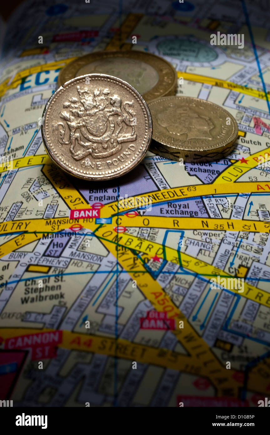 English pound coin on map Stock Photo - Alamy
