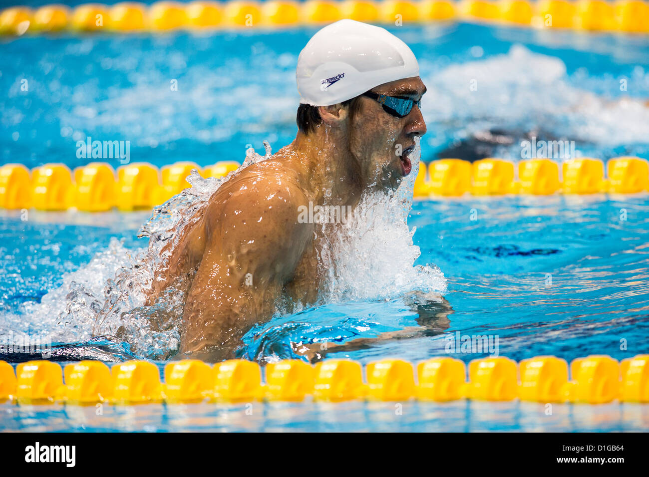 Michael Phelps (USA) competing in the breaststroke leg of the Men's ...