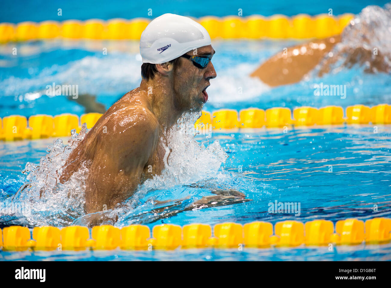 Michael Phelps (USA) competing in the breaststroke leg of the Men's ...