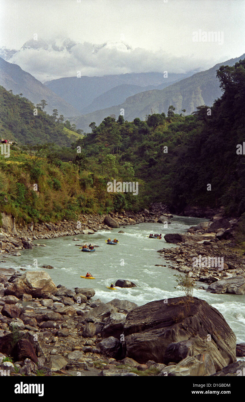 River rafting with inflatables on Marsyangdi River valley north of ...